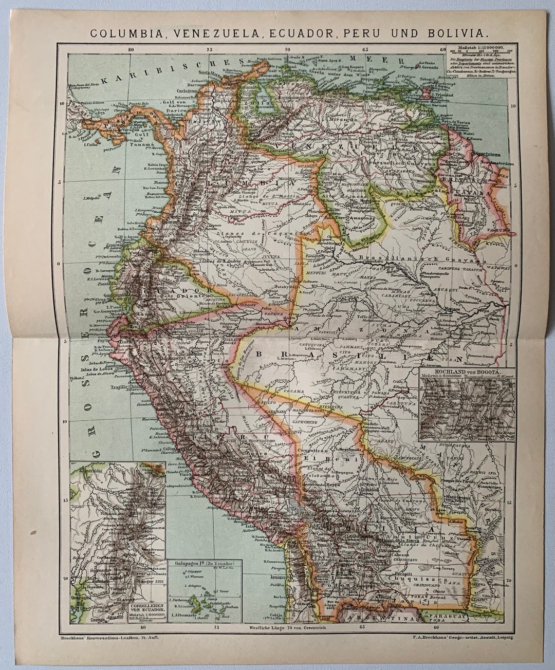 South America / Original 1892 Antique Map of Columbia, Venezuela ...