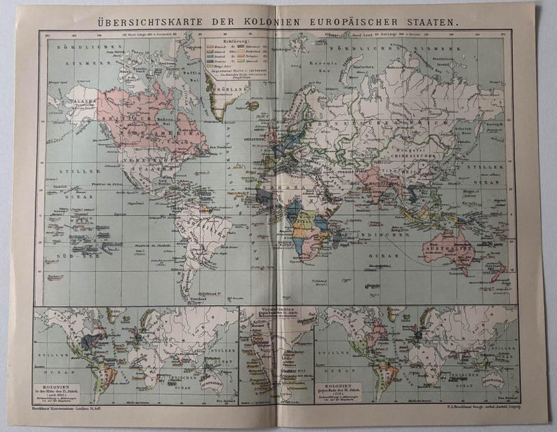 World Colonial / Orig. 1894 Antique Map of Former Western Colonies ...