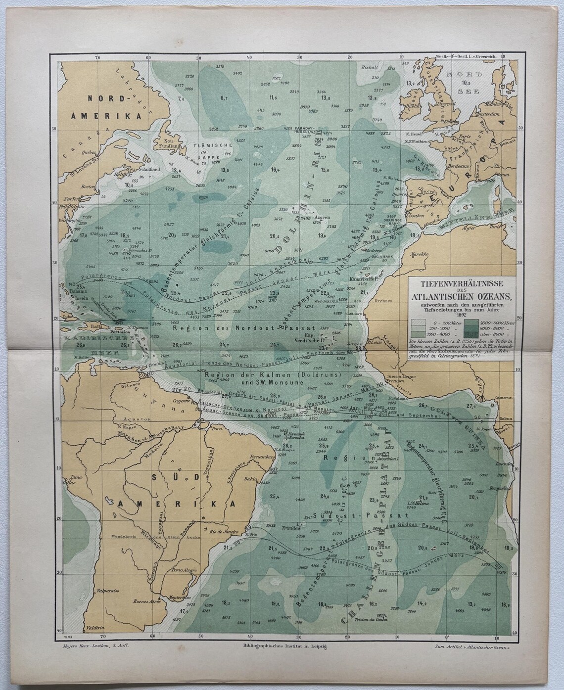 World Oceans / Orig. 1895 Antique Map of the Atlantic Ocean - Etsy