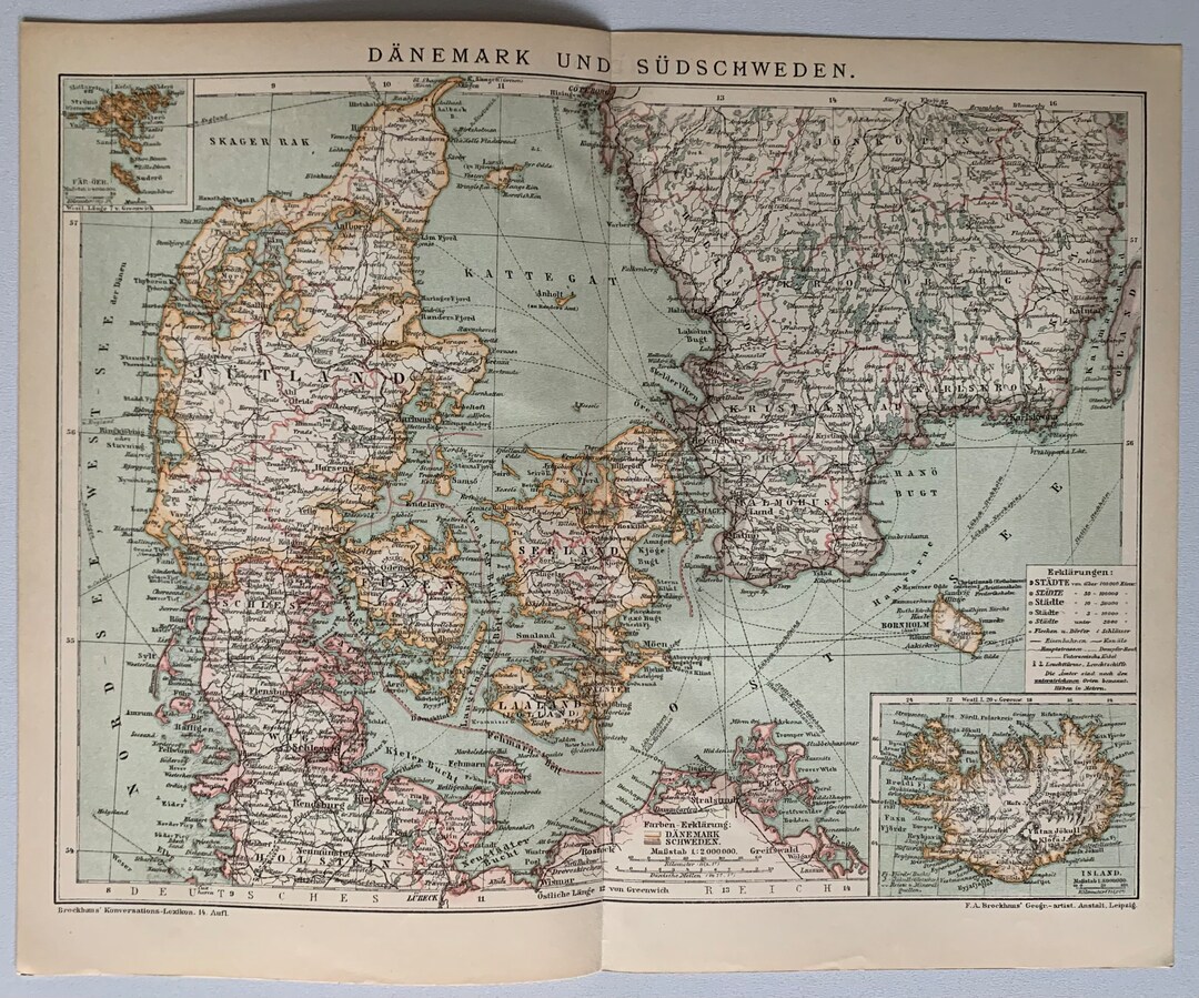 Northern Europe / Orig. 1892 Antique Map of Denmark - Southern Sweden ...