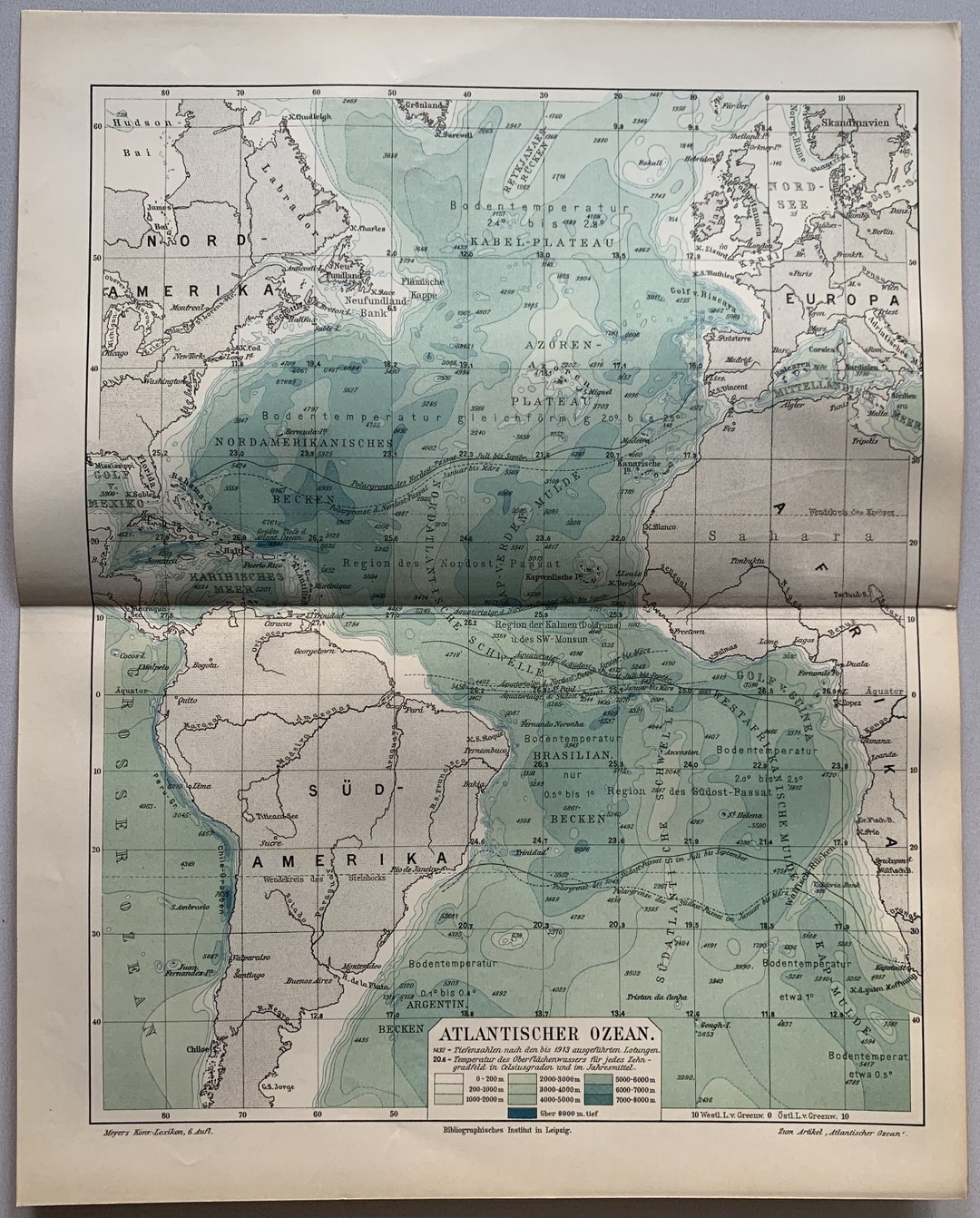 World Oceans / Orig. 1905 Antique Map of the Atlantic Ocean - Etsy