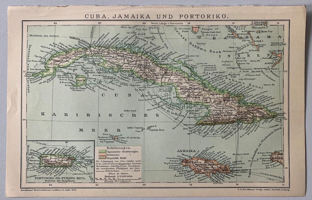 CU Cuba / Orig. 1897 Antique Map of Cuba - Jamaica - Porto Rico - Etsy