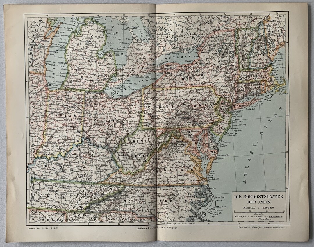 North America / Orig. 1897 Antique Map of USA With North Eastern States ...