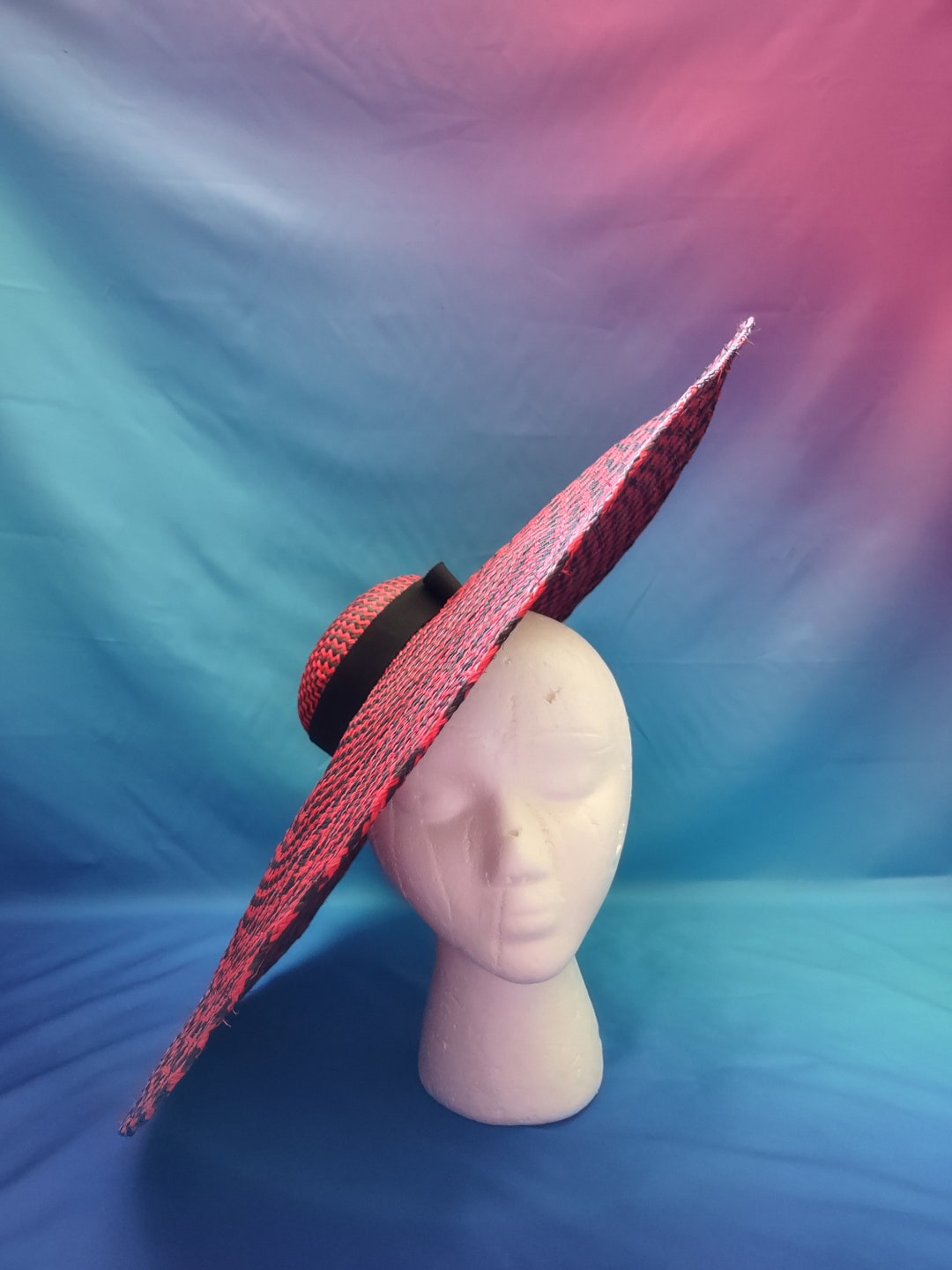 Handmade Ladies' Women's Red and Black Very Large Brimmed Straw Tilt ...