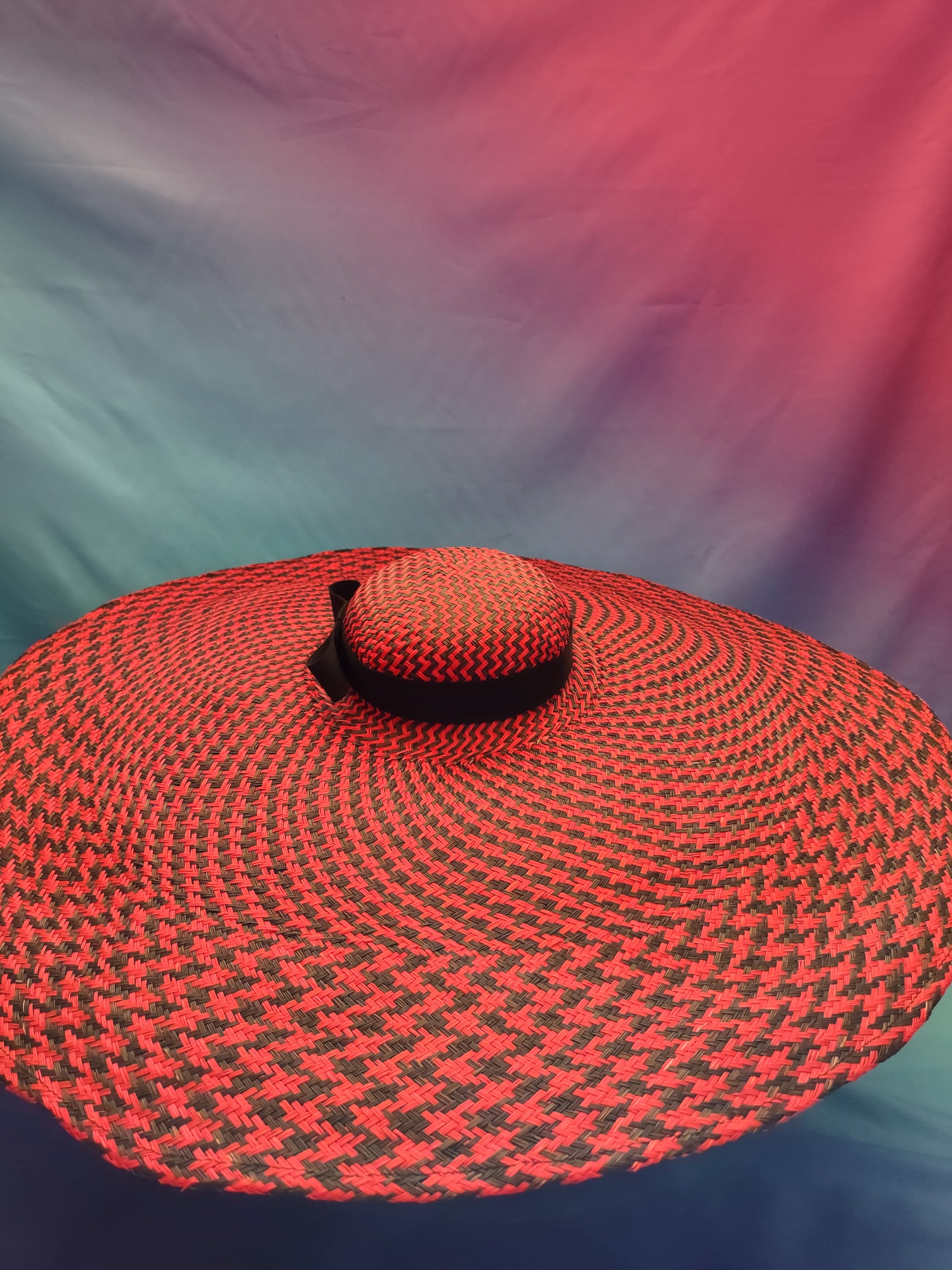 Handmade Ladies' Women's Red and Black Very Large Brimmed Straw Tilt ...