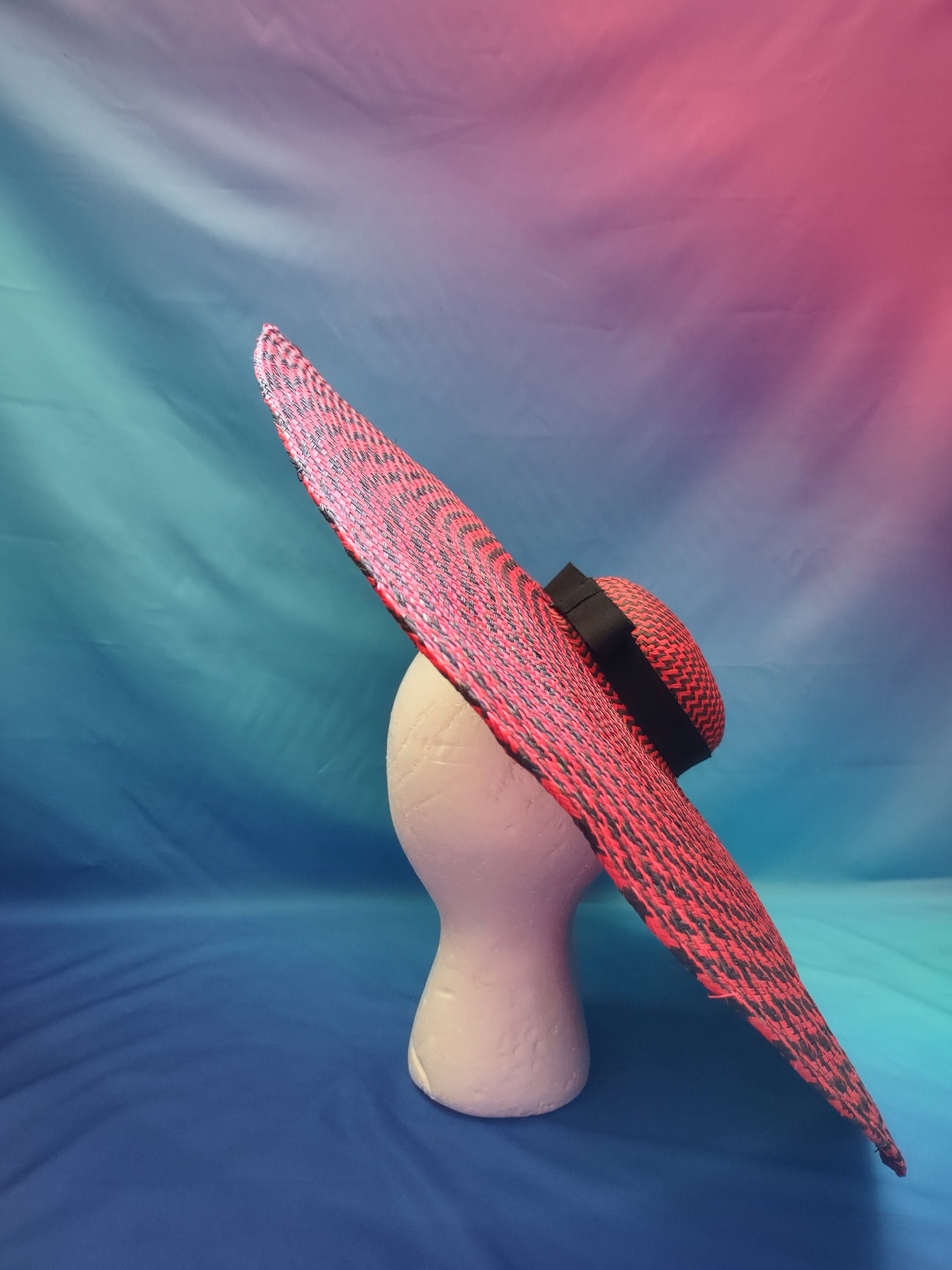 Handmade Ladies' Women's Red and Black Very Large Brimmed Straw Tilt ...