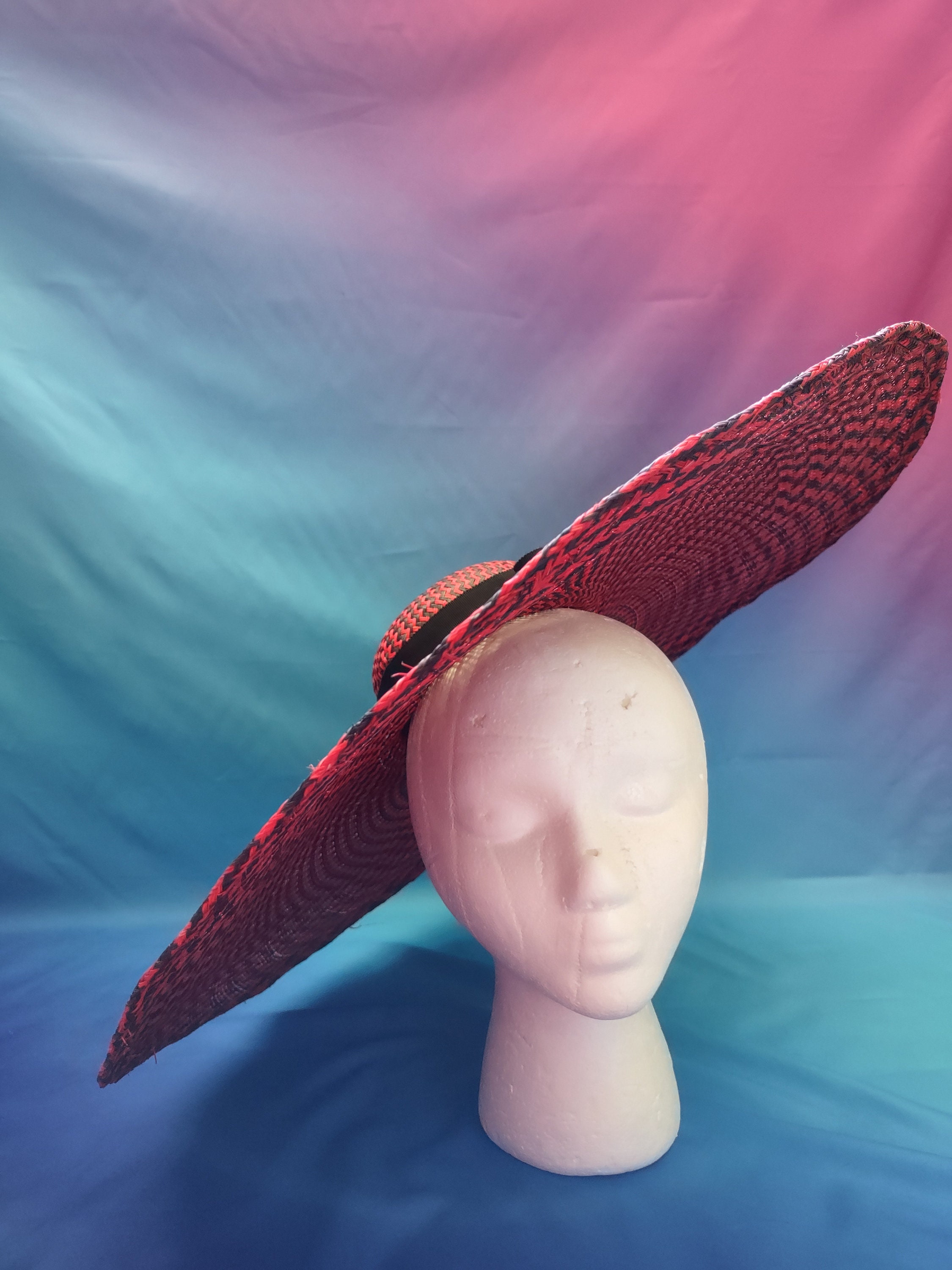 Handmade Ladies' Women's Red and Black Very Large Brimmed Straw Tilt ...