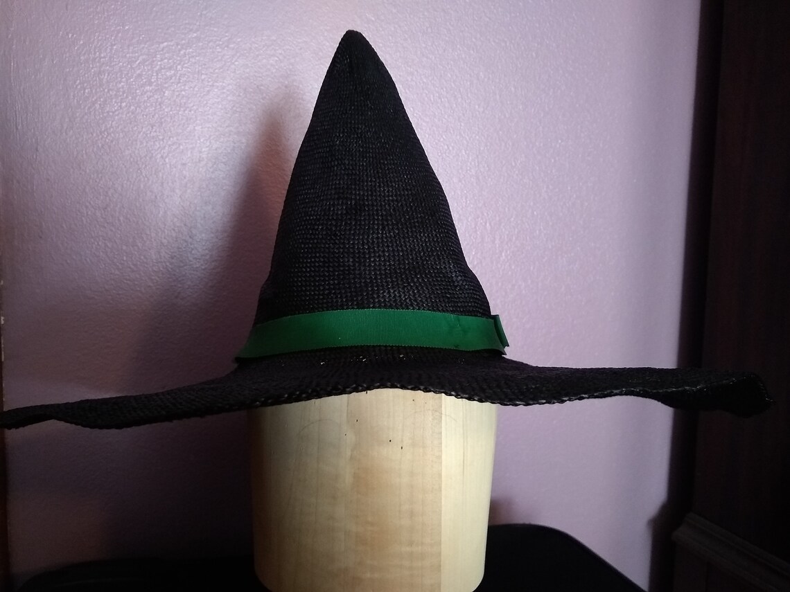 Navy Blue Handmade Blocked Straw Witch Hat With Vintage Green Ribbon - Etsy