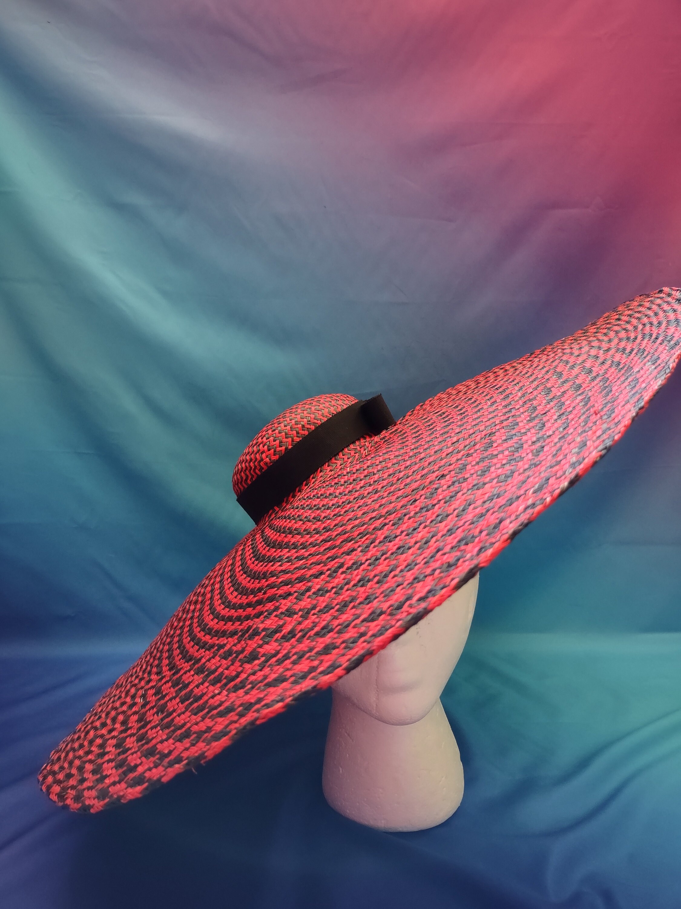 Handmade Ladies' Women's Red and Black Very Large Brimmed Straw Tilt ...