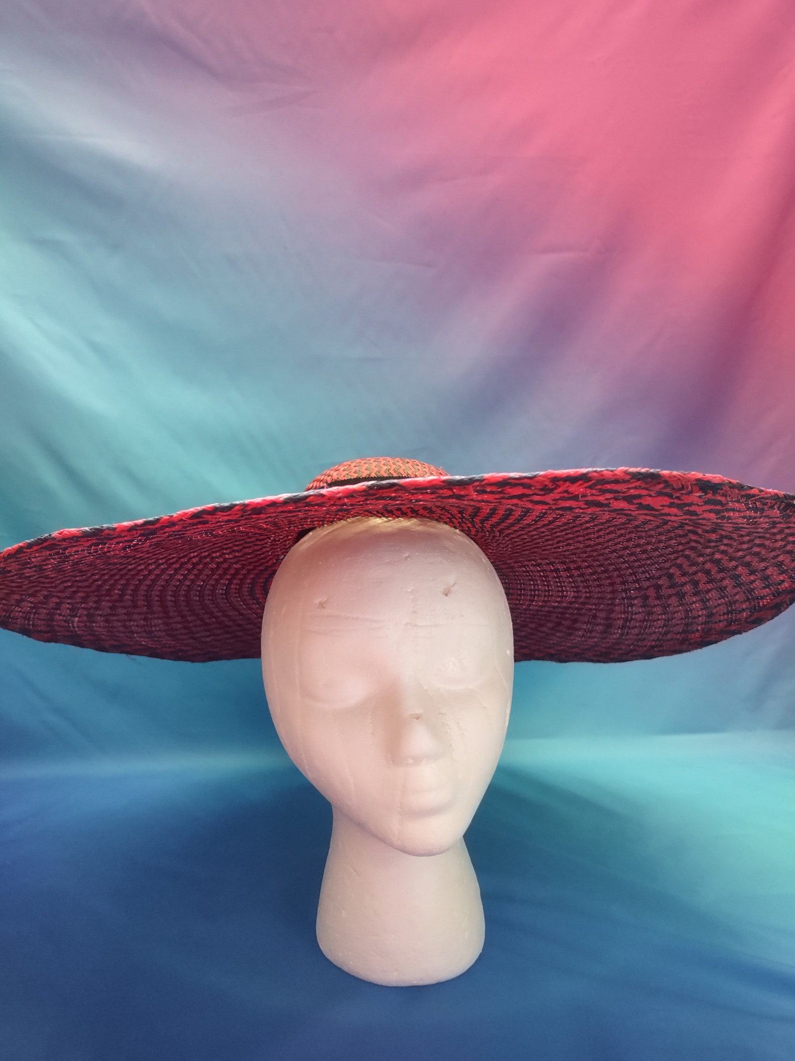 Handmade Ladies' Women's Red and Black Very Large Brimmed Straw Tilt ...