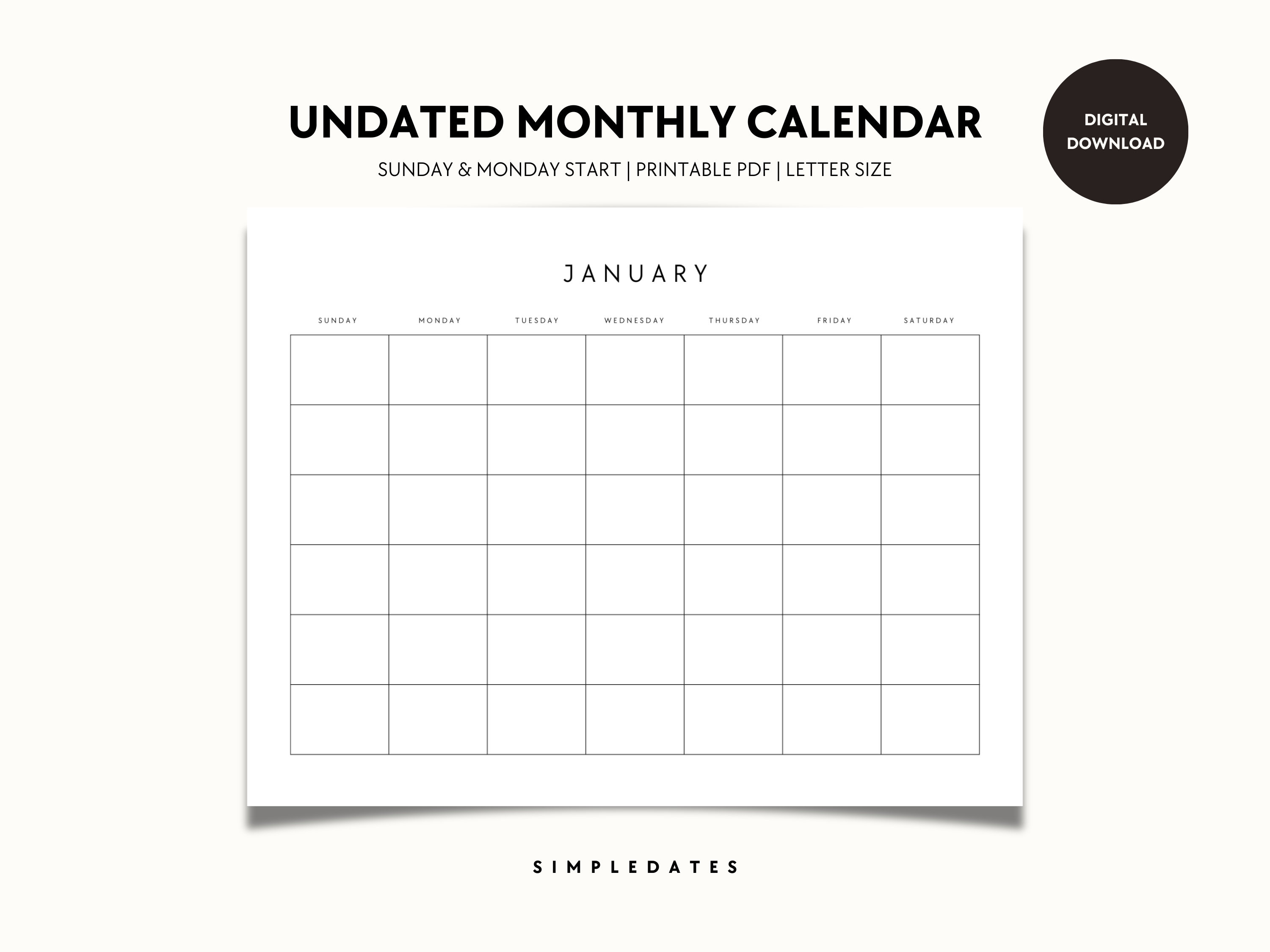 Undated Monthly Calendar Printable Sun Mon Start Perpetual Calendar ...