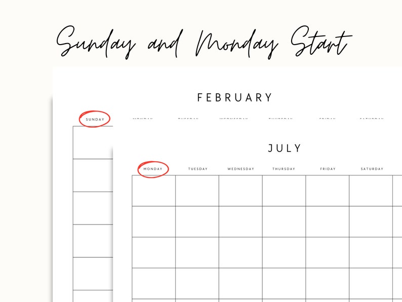 Undated Monthly Calendar Printable Sun Mon Start Perpetual Calendar ...