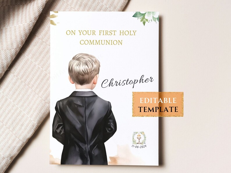 Editable Template 1st Holy Communion Card Boy Personalized Printable ...