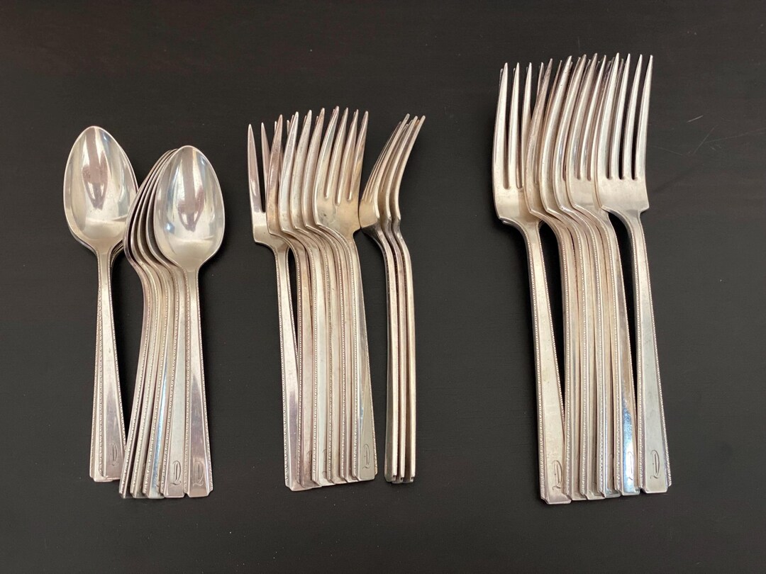 24 Matching “D” Monogram Silverplate Flatware by L&M Co. Abbey Pattern ...