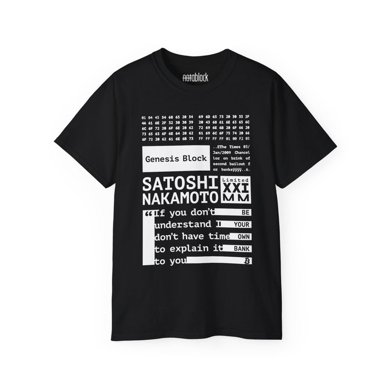 Bitcoin Satoshi Nakamoto Genesis Block T-shirt Cryptocurrency Graphic ...