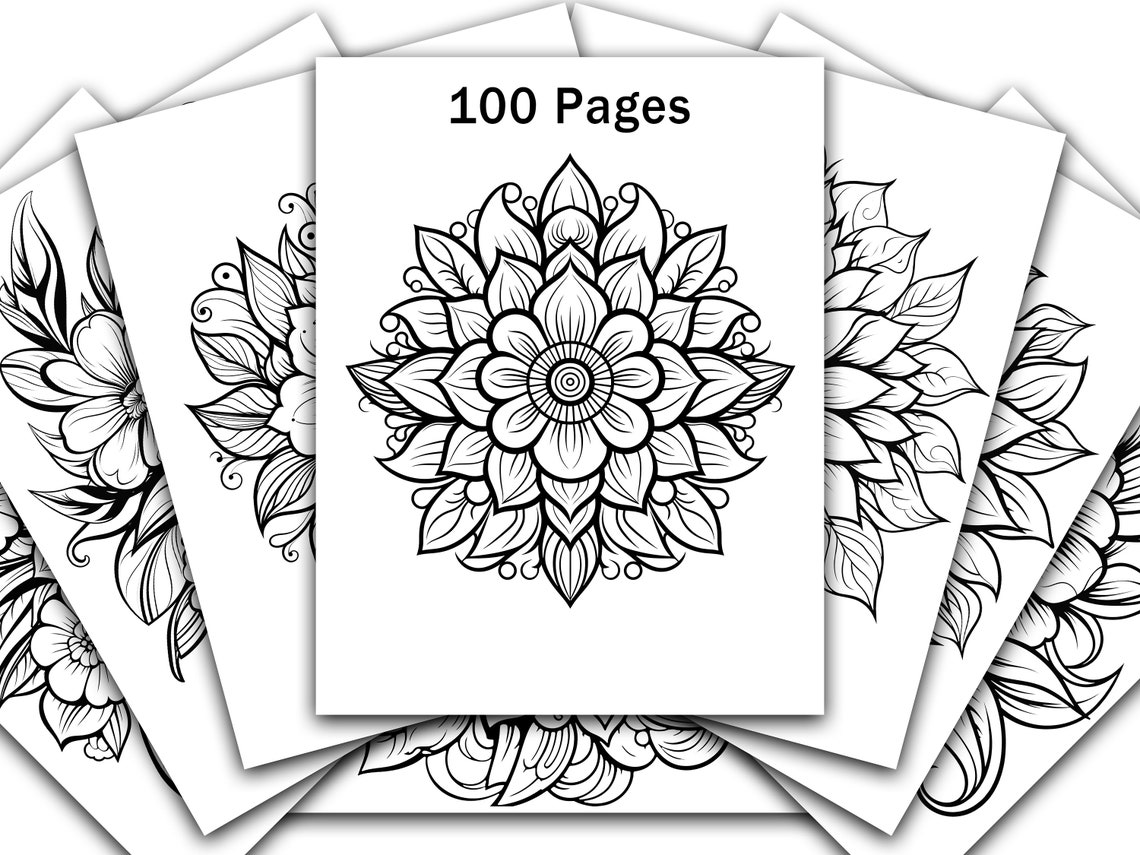 100 Floral Mandala Coloring Pages, Adult Digital Coloring Book ...