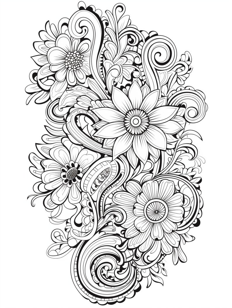 100 Floral Designs, Coloring Pages, Adult Digital Coloring Book ...