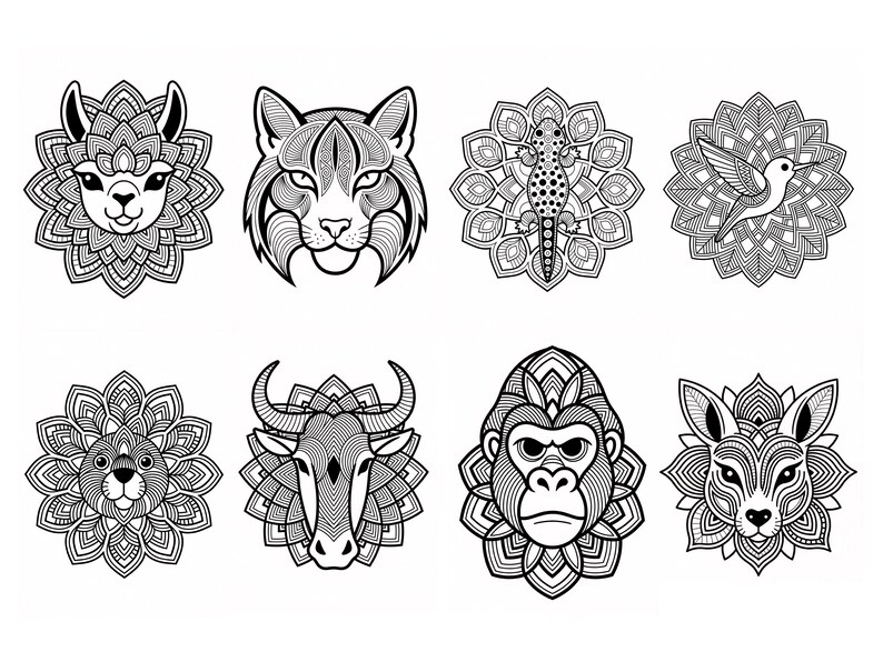 50 Animal Face Mandala Coloring Pages, Zentangle Design Adult Coloring ...