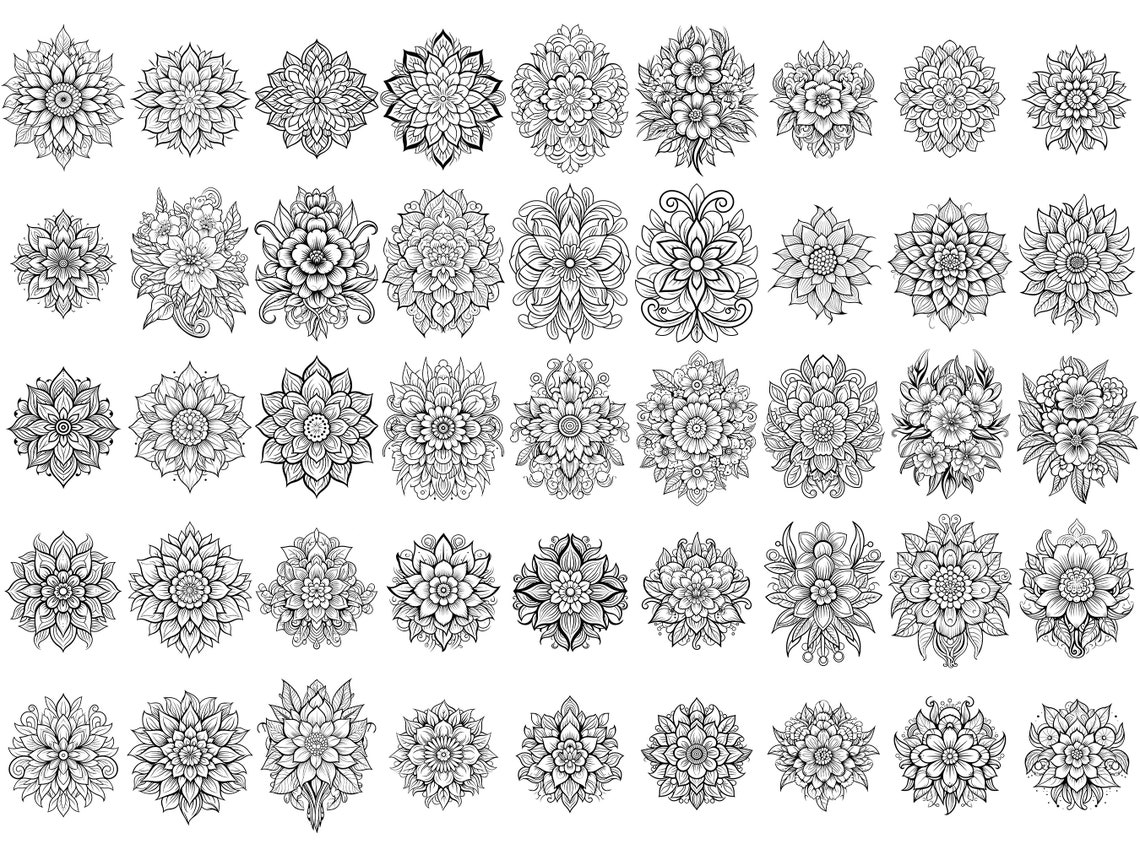 100 Floral Mandala Coloring Pages, Adult Digital Coloring Book ...