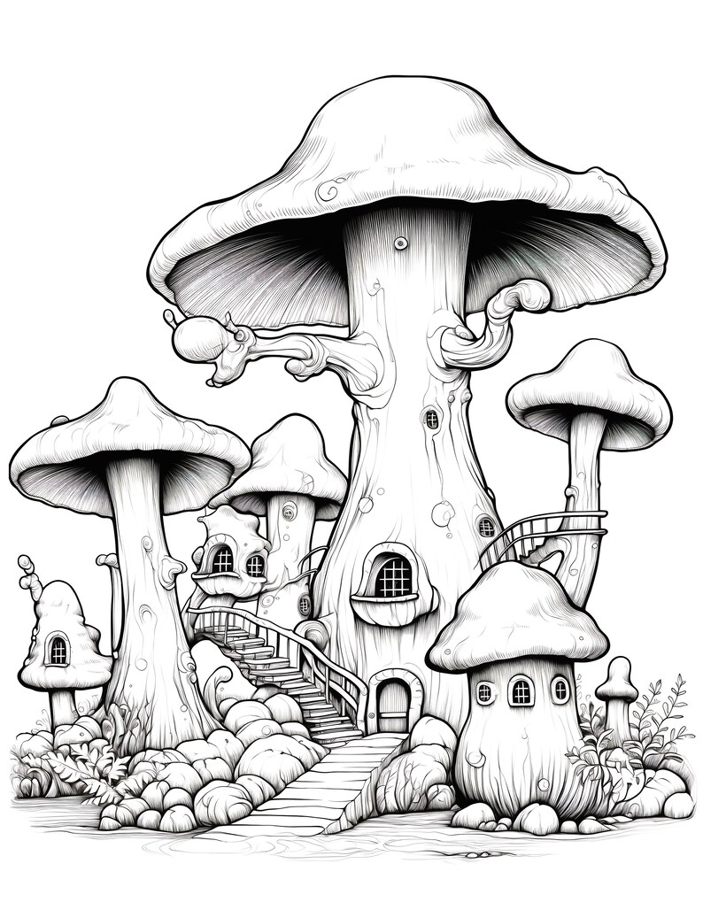 50 Fantasy Mushroom House Coloring Page Designs, Fairy Shroom Homes ...