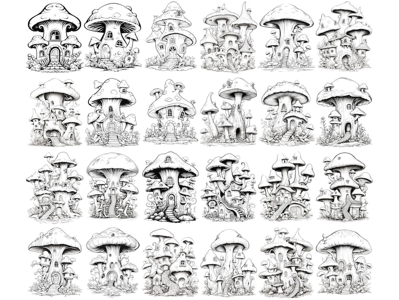 50 Fantasy Mushroom House Coloring Page Designs, Fairy Shroom Homes ...