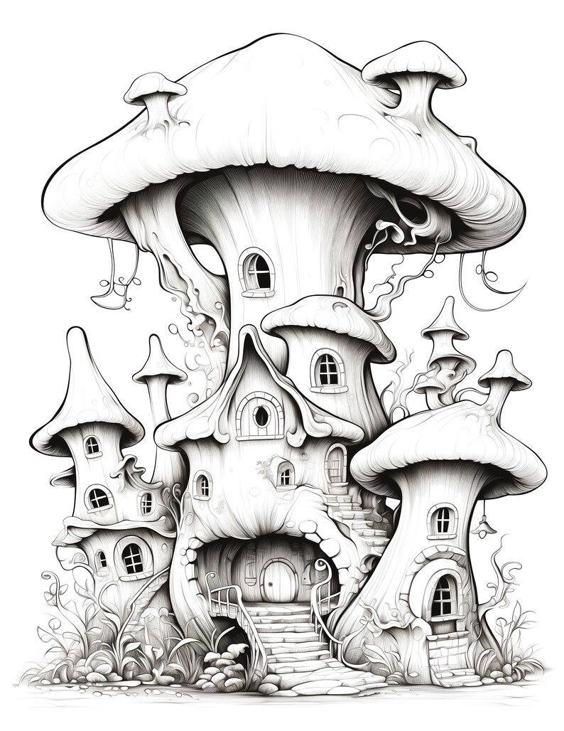 50 Fantasy Mushroom House Coloring Page Designs, Fairy Shroom Homes ...