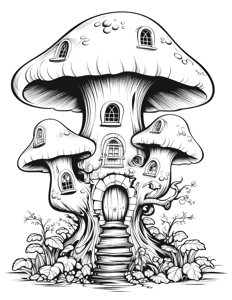 50 Fantasy Mushroom House Coloring Page Designs, Fairy Shroom Homes ...