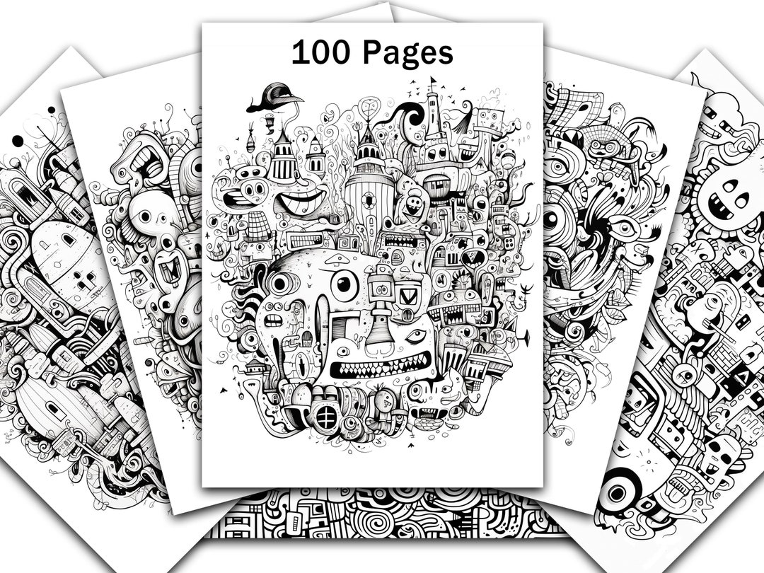 100 Doodle Art Coloring Pages, Artistic Doodle Worlds & Patterns, Adult ...