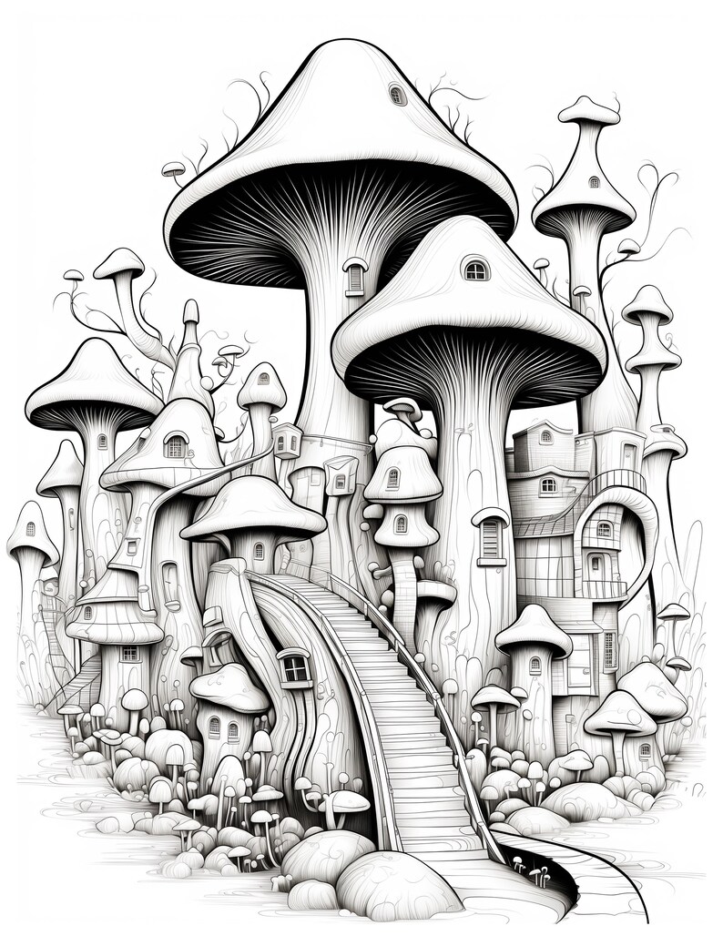 50 Fantasy Mushroom House Coloring Page Designs, Fairy Shroom Homes ...