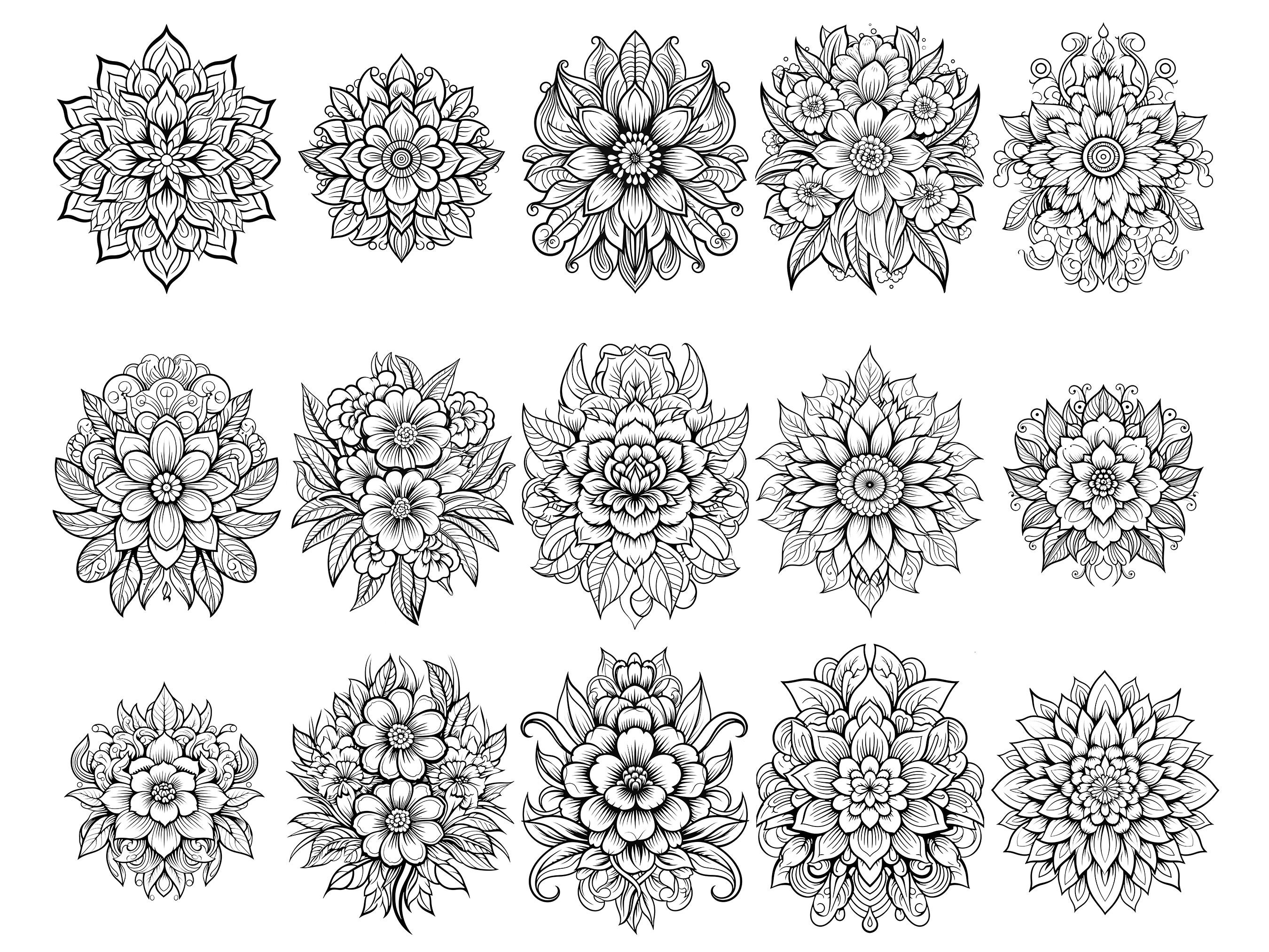 100 Floral Mandala Coloring Pages, Adult Digital Coloring Book ...
