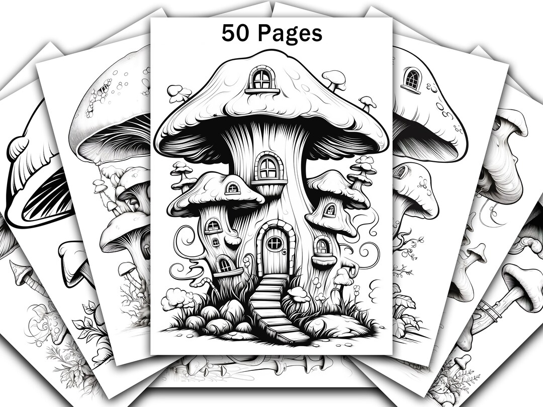50 Fantasy Mushroom House Coloring Page Designs, Fairy Shroom Homes ...
