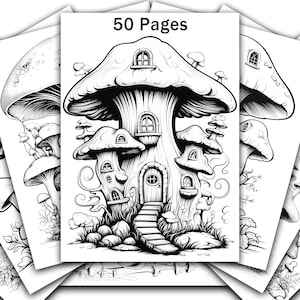 50 Fantasy Mushroom House Coloring Page Designs, Fairy Shroom Homes ...