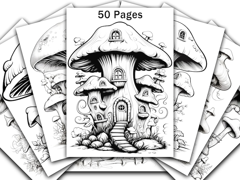 50 Fantasy Mushroom House Coloring Page Designs, Fairy Shroom Homes ...