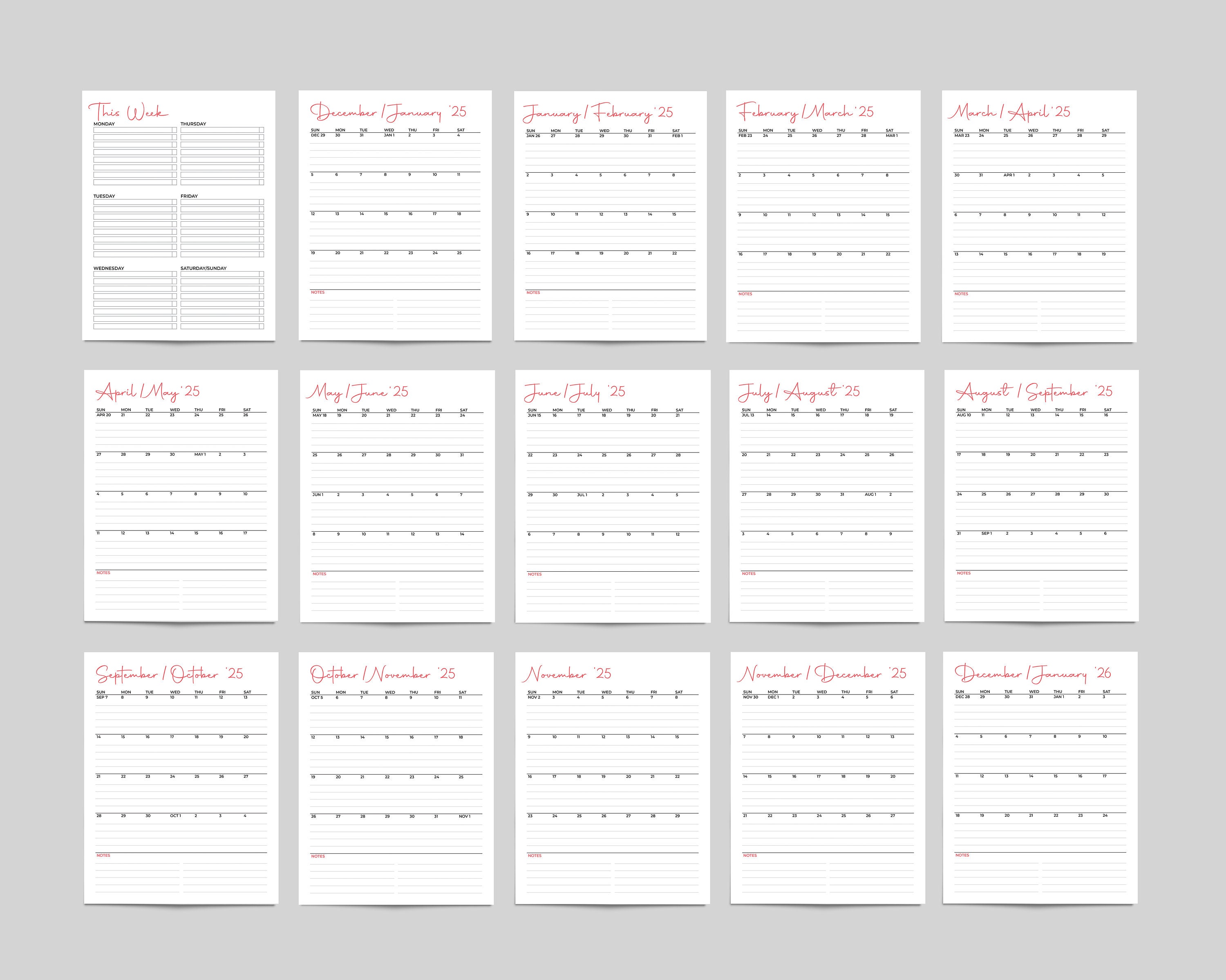 2025 Printable and Fillable Calendar // Minimal Design, 4 Different ...