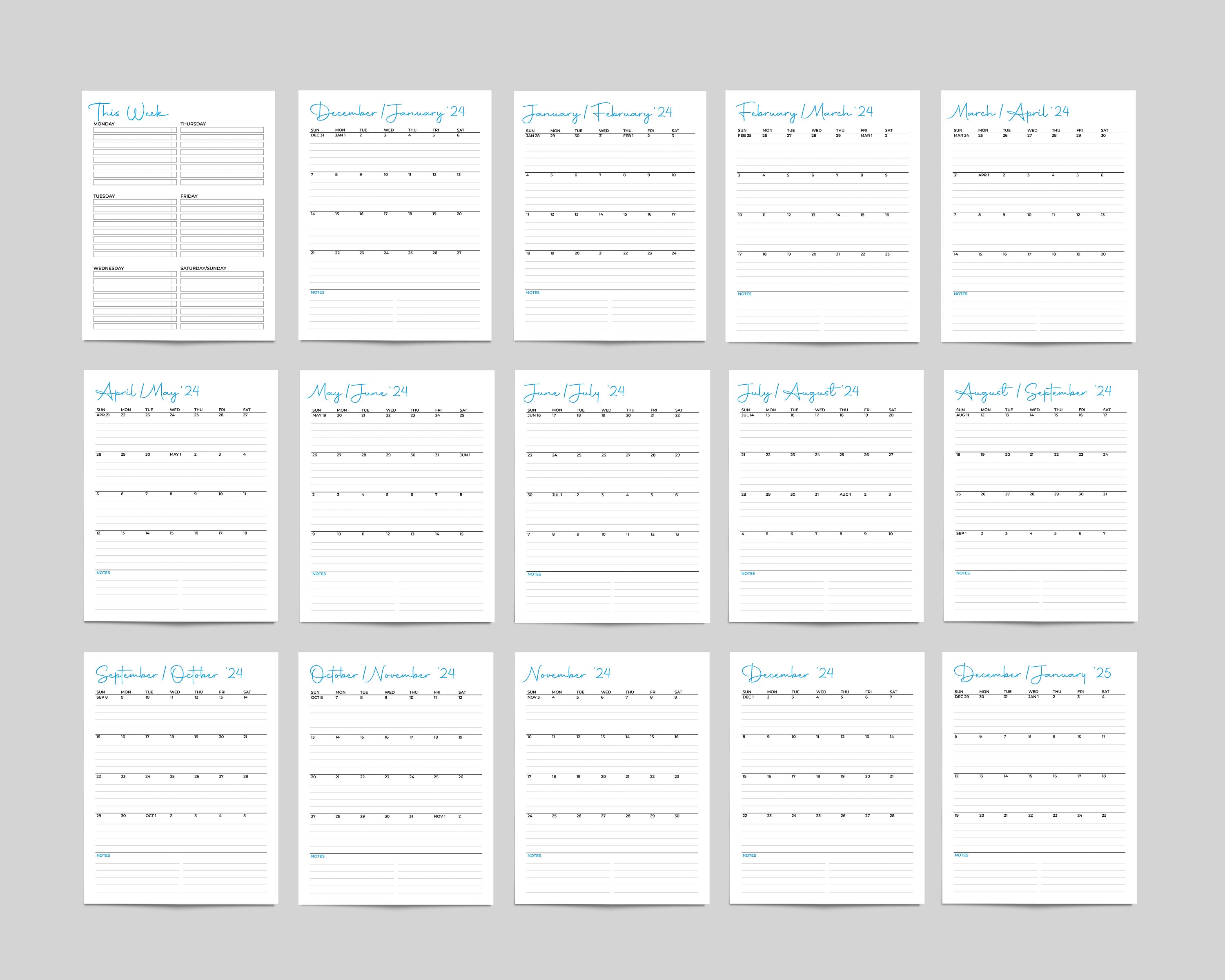 2024 Printable and Fillable Calendar // Minimal Design, 4 Different ...