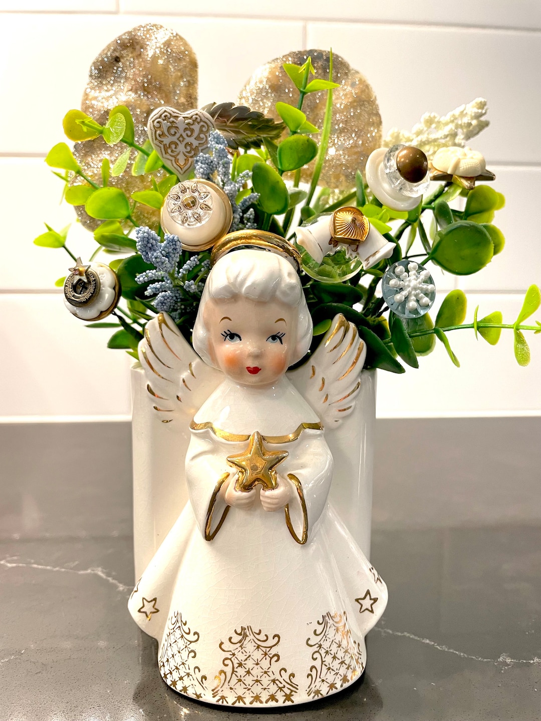 Vintage Shafford Angel Star Vase Button Arrangement, Vintage Button ...