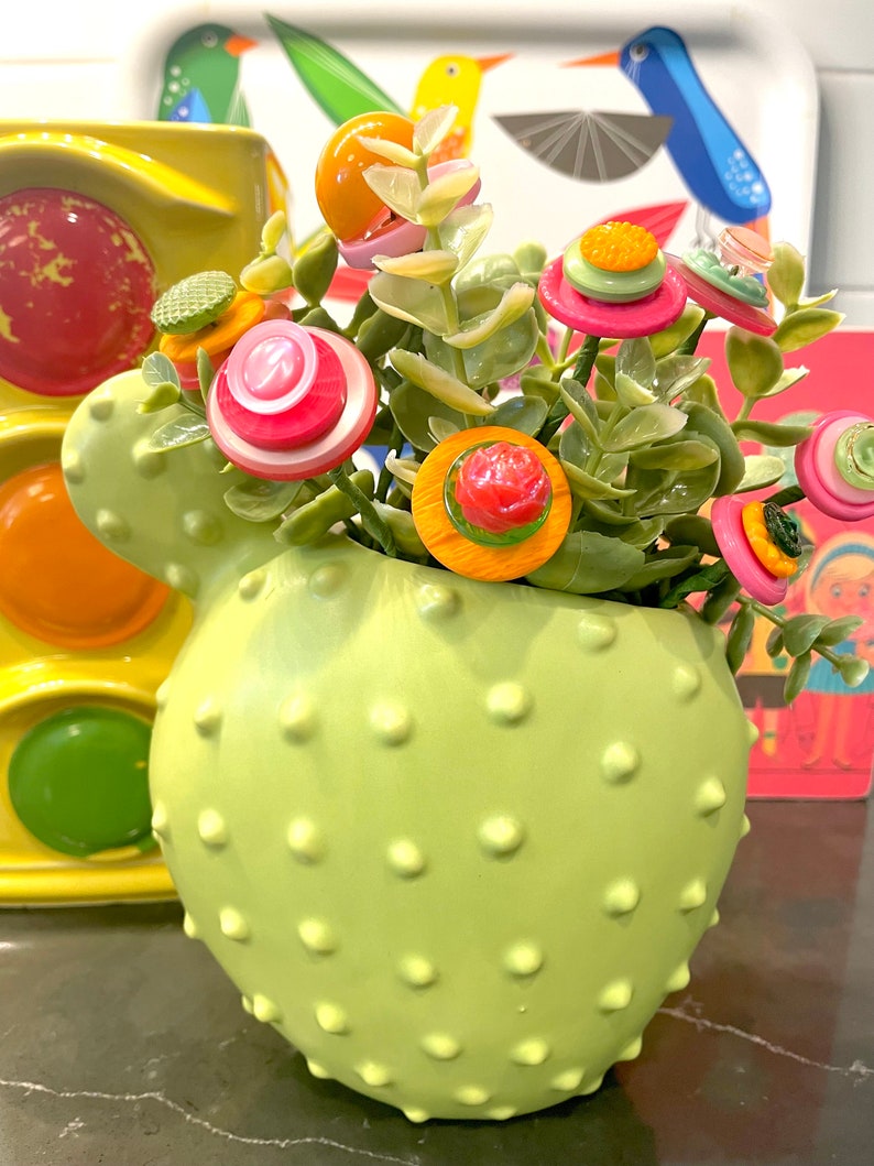 Vintage Cactus Decor, OOAK, Vintage Button Arrangement, Button Bouquet ...