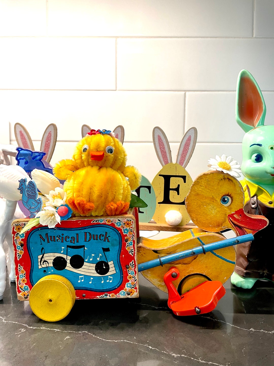 Vintage Fisher Price Musical Duck Cart Easter Assemblage, OOAK Easter ...