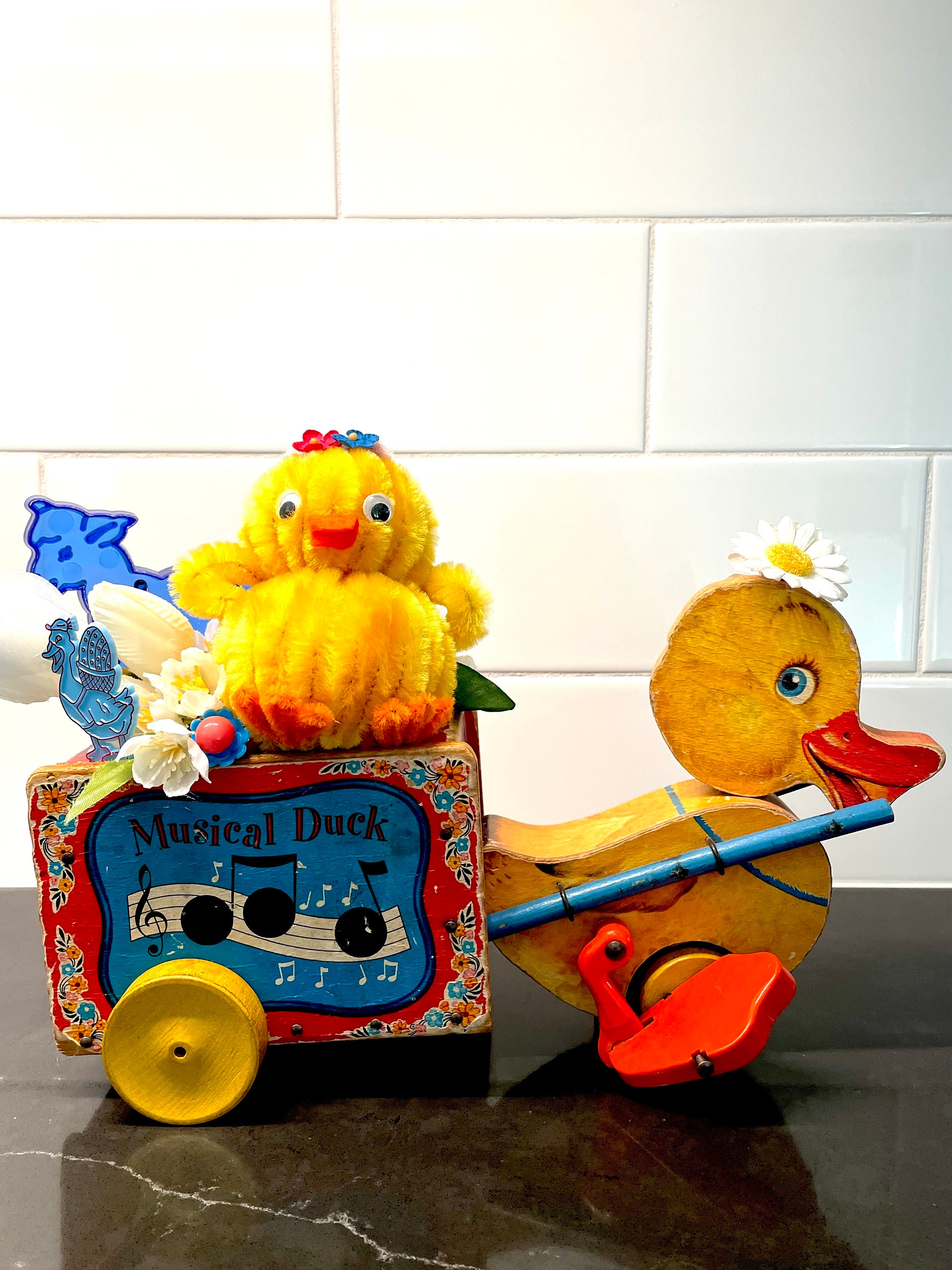 Vintage Fisher Price Musical Duck Cart Easter Assemblage, OOAK Easter ...