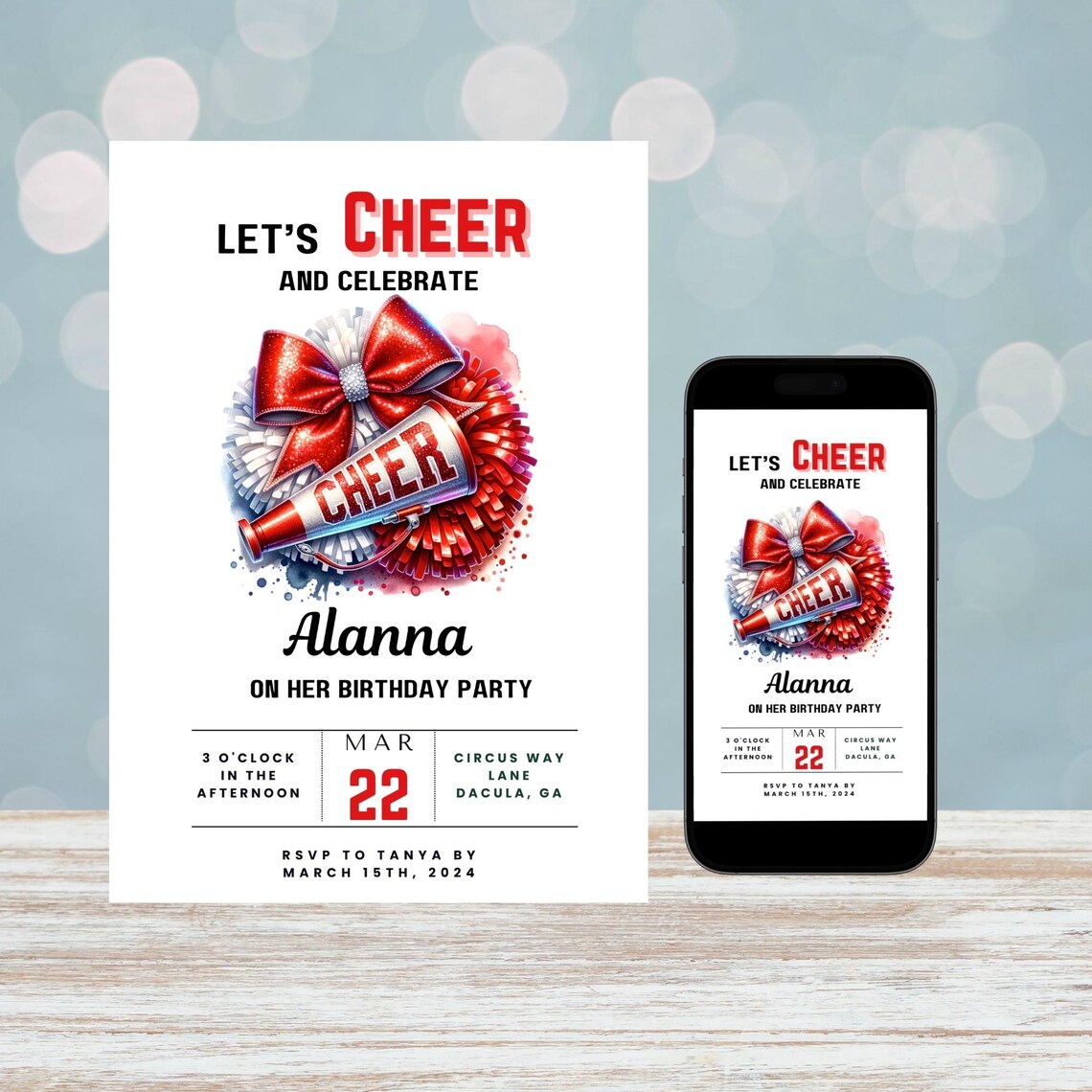 Cheer Birthday Invitation - Printable Cheerleading Party Invite ...