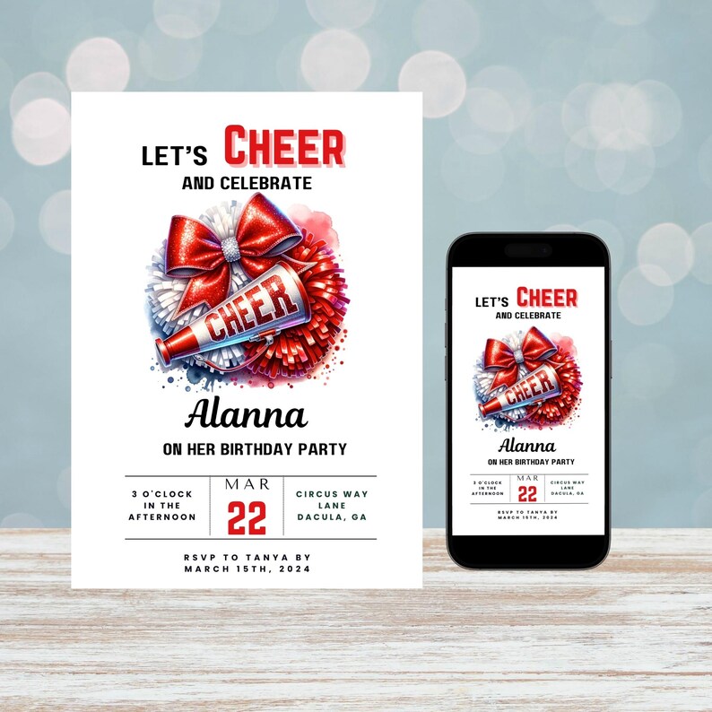 Cheer Birthday Invitation - Printable Cheerleading Party Invite ...