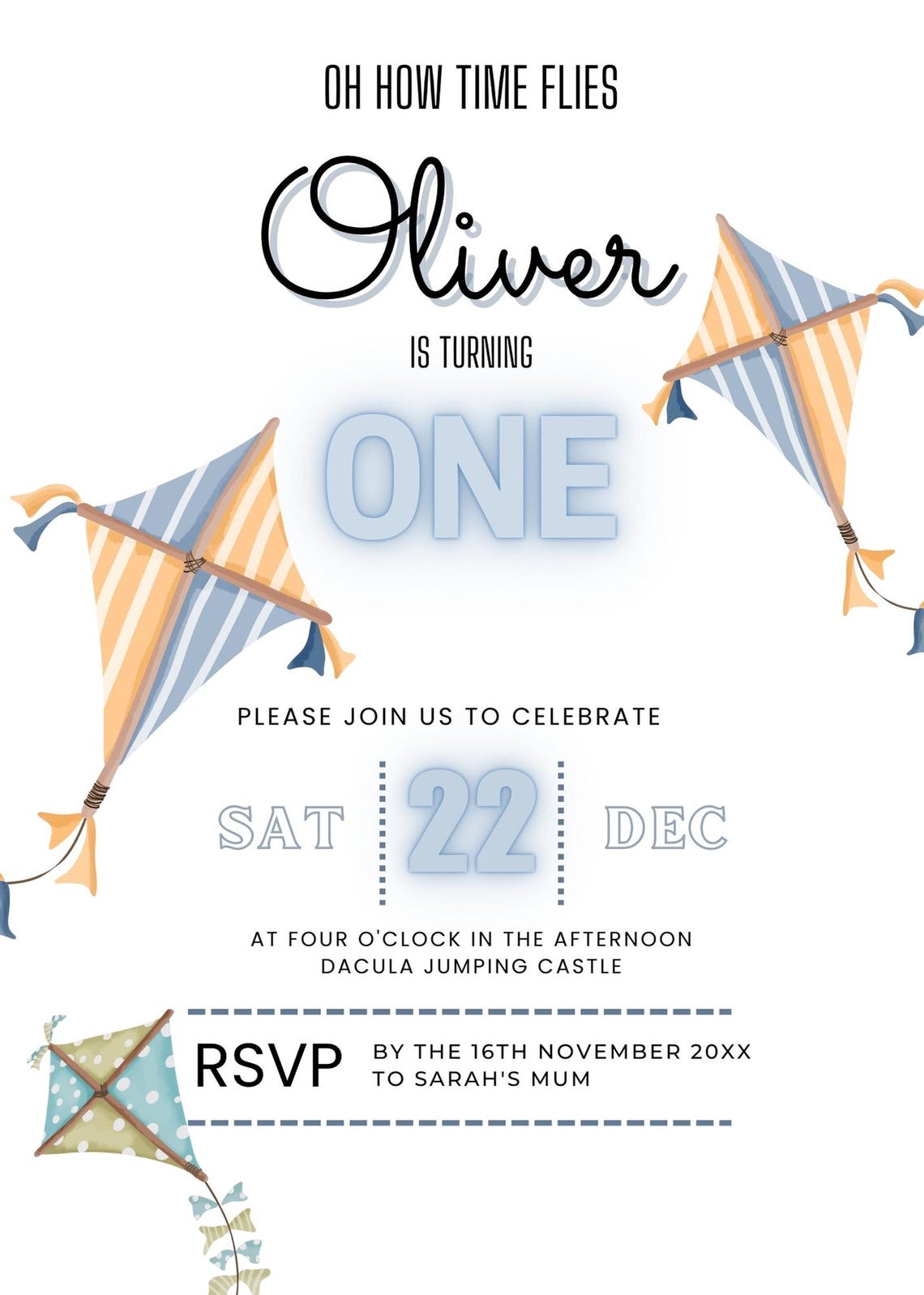 Editable Template First Birthday Invitation Boy Birthday Kites Birthday ...