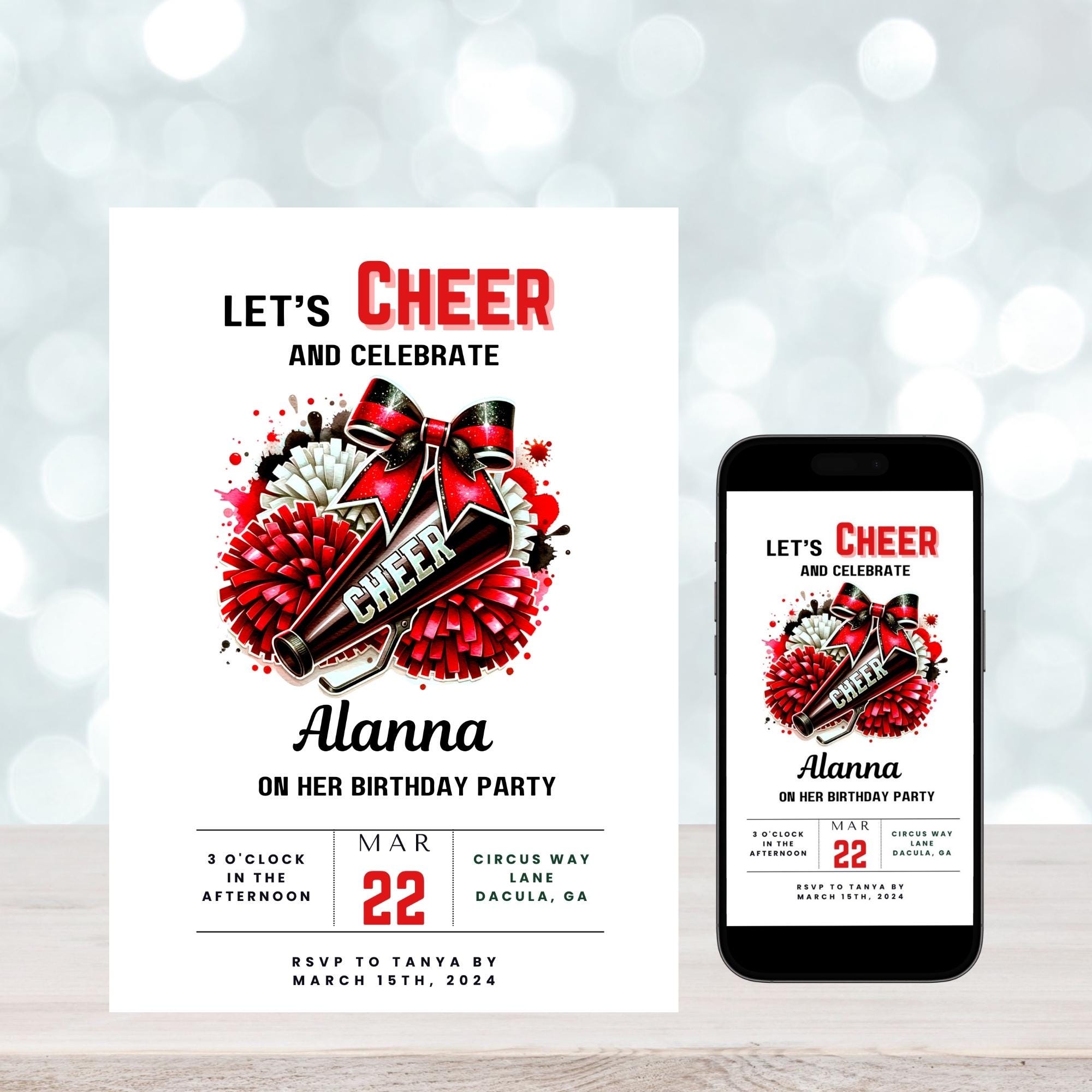 Cheer Birthday Invitation - Printable Cheerleading Party Invite ...