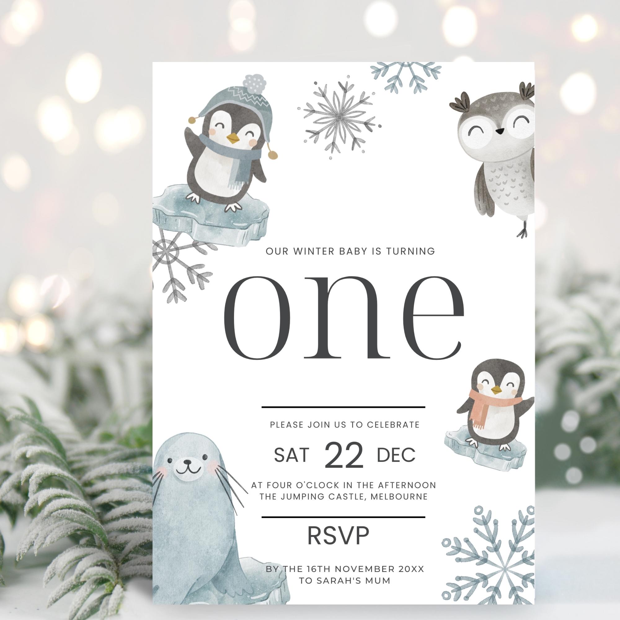 Editable Winter Arctic Animals Baby Shower Invitation Gender Neutral ...