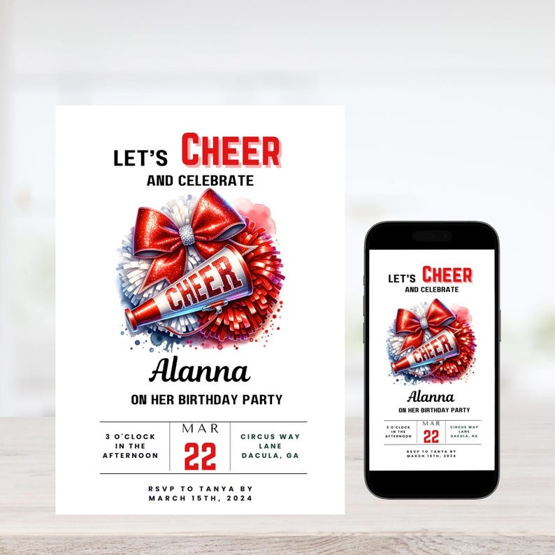 Cheer Birthday Invitation - Printable Cheerleading Party Invite ...