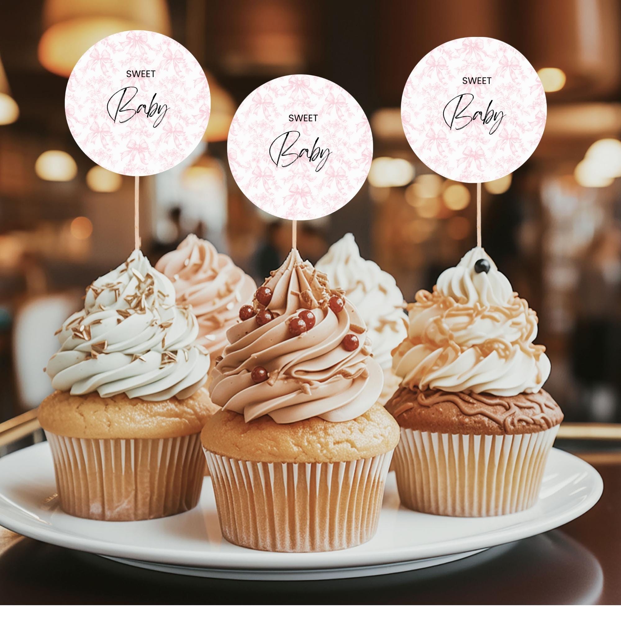 Bow Toile Baby Shower Cake Topper: Editable Menu, Tags (digital ...