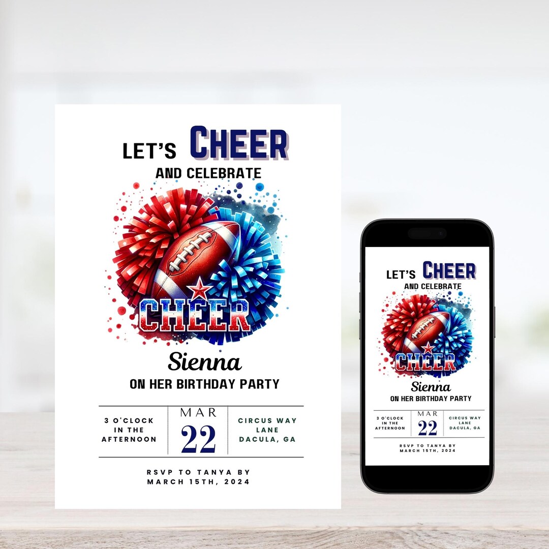 Cheerleader Birthday Invitation - Printable Cheer Party Invite ...