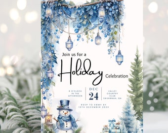 MIDNIGHT BLUE Holiday Party Invitation-glowing White Lights-editable ...