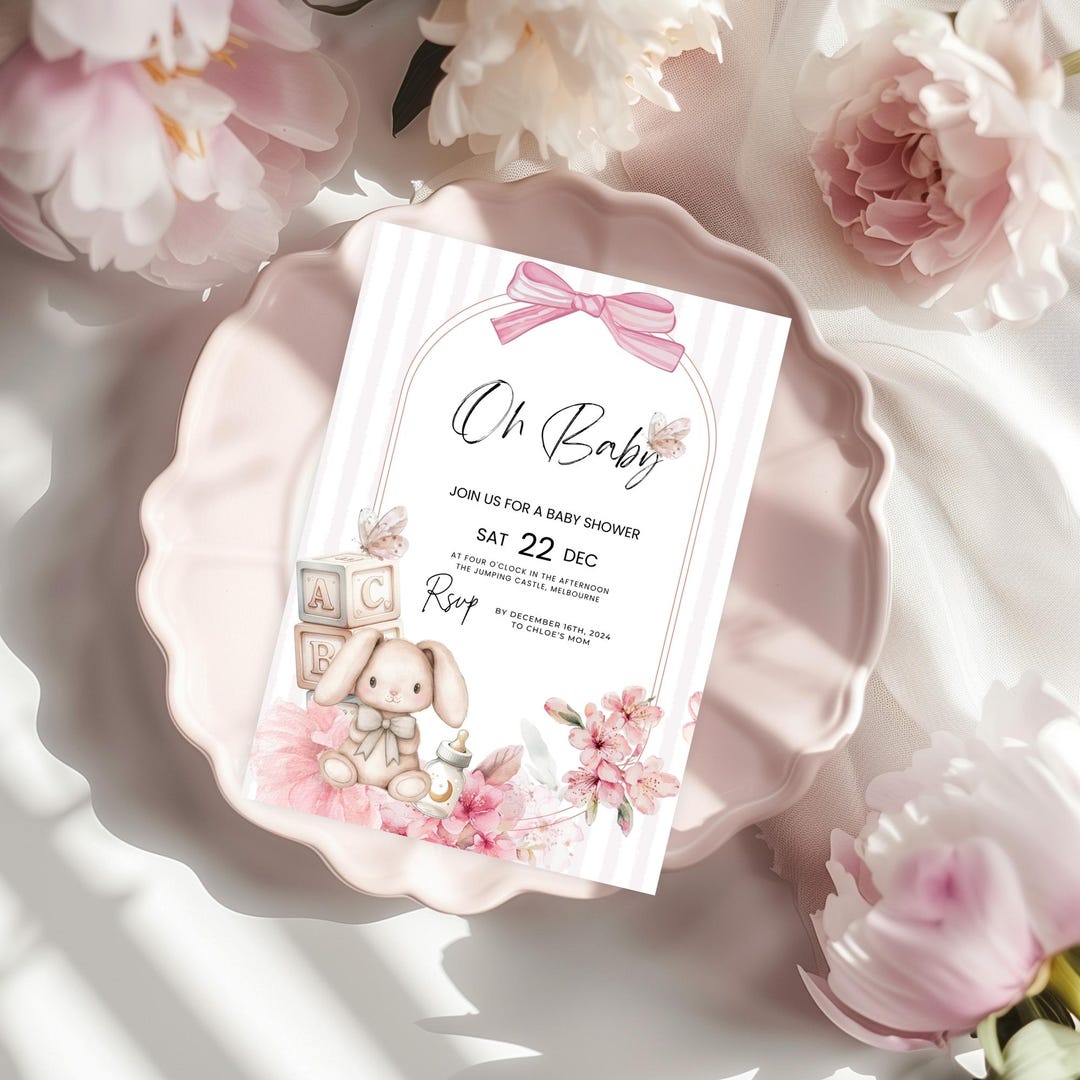 Pink Boho Bunny Baby Shower Invitation: Editable Spring Template ...