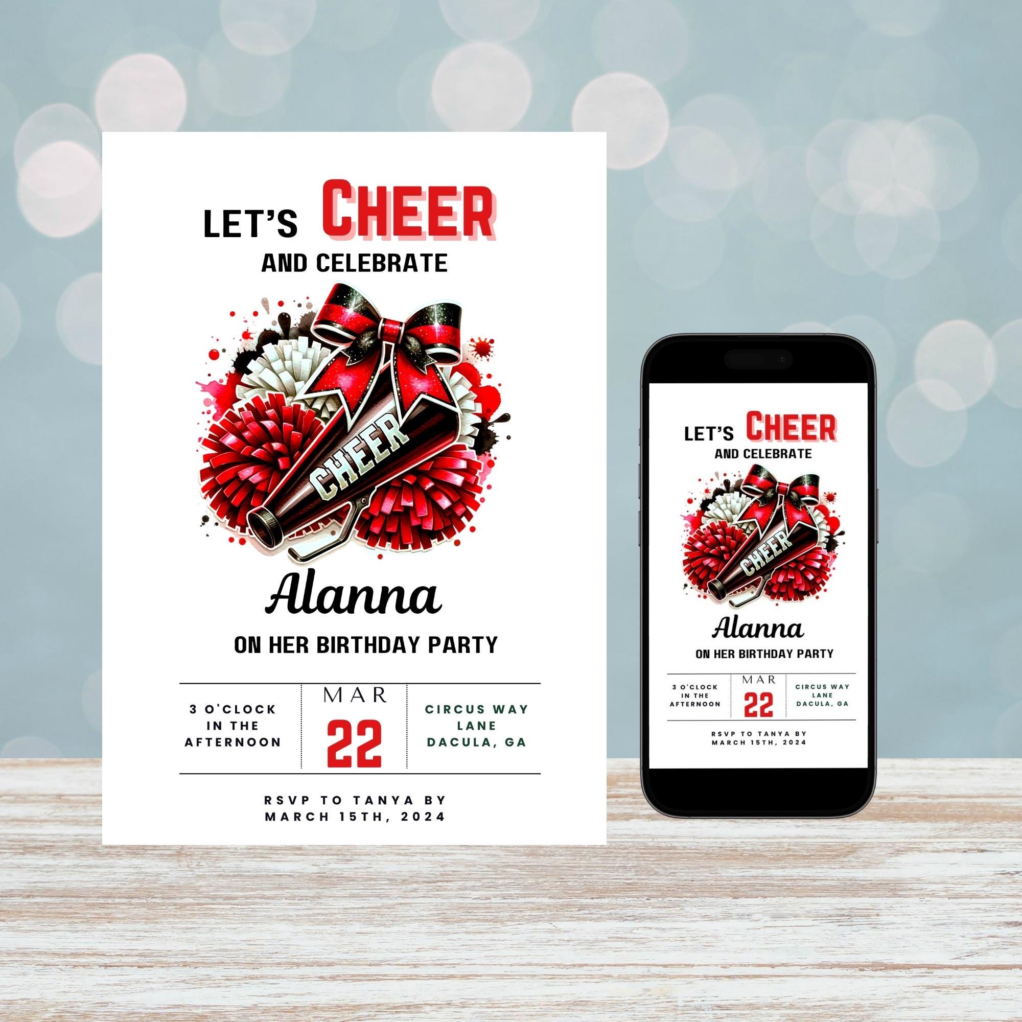 Cheer Birthday Invitation - Printable Cheerleading Party Invite ...